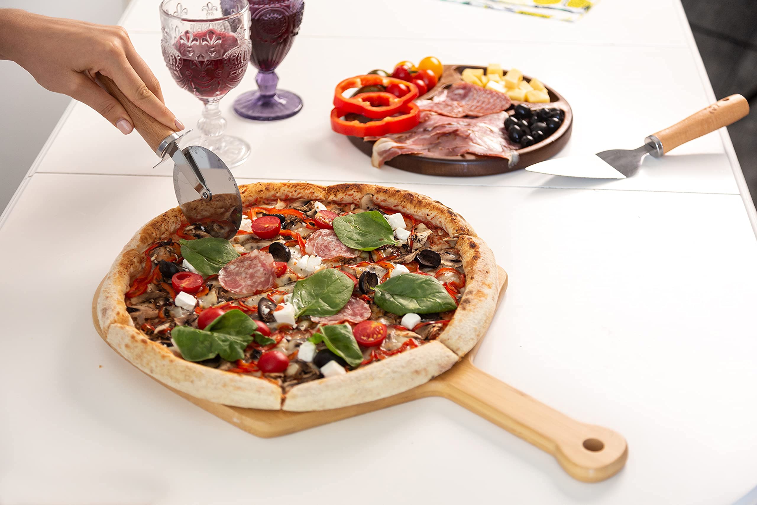 PANDA LAND Large 14" Round Pizza Stone 5-Piece set with Extra-Large Bamboo Pizza Peel Cutter Slice Server Wire Rack | Perfect Pizza Set with all Grilling Accessories| Pizza Stone for Oven and Bbq