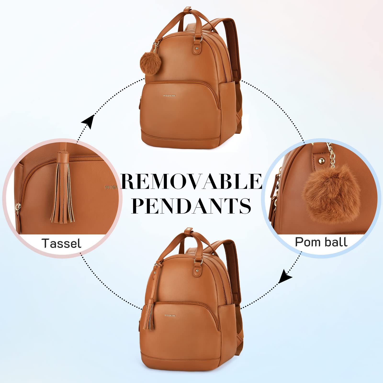 Missnine Women Backpack Purse Double Compartments Leather Backpack Fashion Ladies Daypack Bag for Travel College Work with Tassel