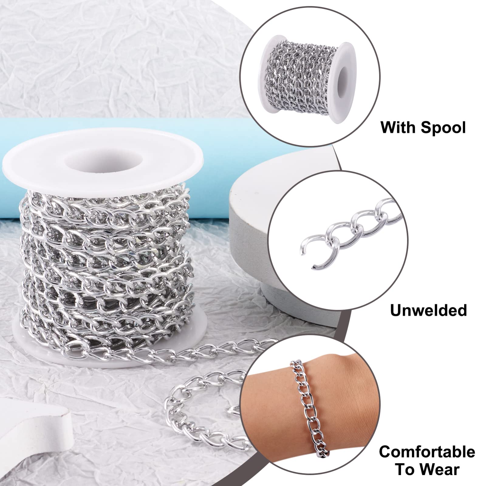 Pandahall 5M/5Yard Aluminum Curb Chain Link Silver Color Twisted Cross Necklace Finding Chains with Spool for Jewelry Making DIY Crafts Findings Supplies 10x6.5x1.8mm