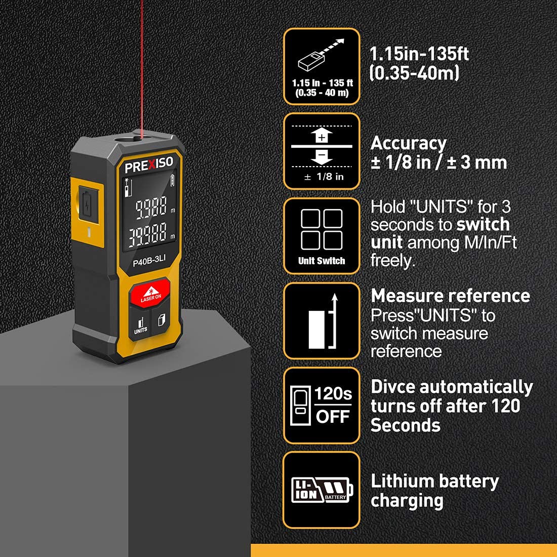 PREXISO Mini Laser Measurement Tool, 135Ft Rechargeable Laser Distance Meter Ft/Ft+in/in/M Unit, Laser Measure with High Accuracy, Pythagorean, Distance, Area, Volume Modes