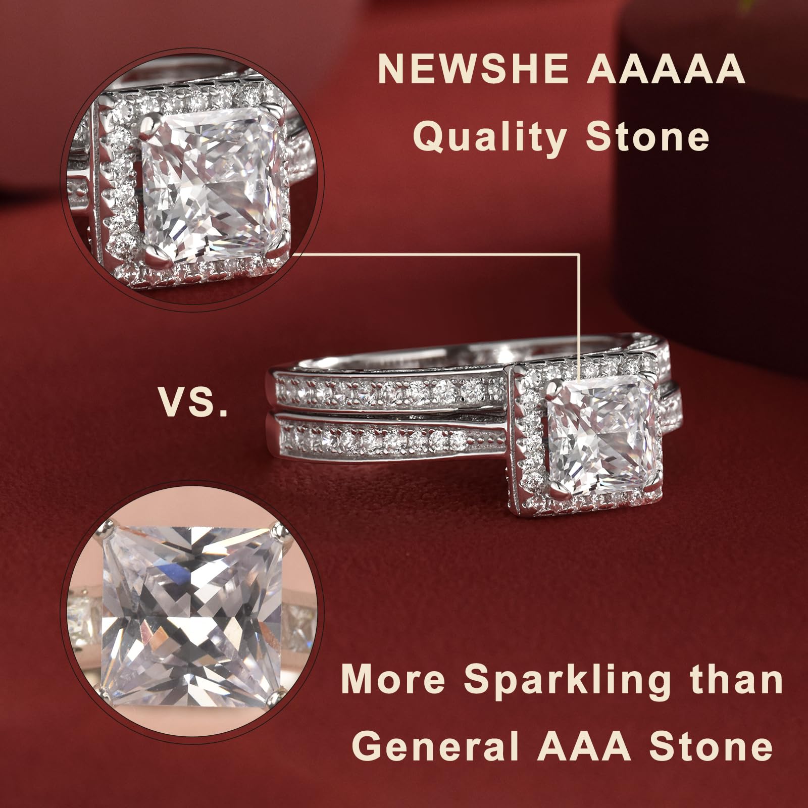 Newshe Engagement Wedding Ring Set For Women 925 Sterling Silver 1.5CT Princess White AAAAA Cz Size 7