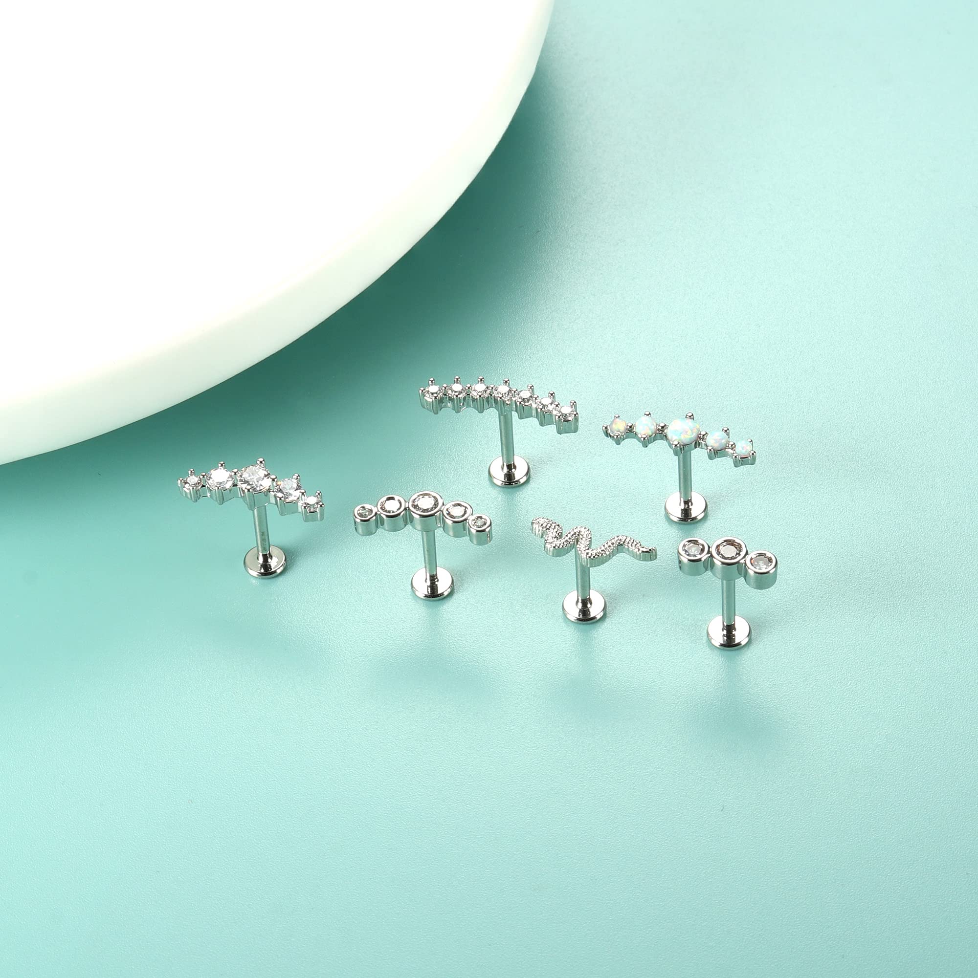 THUNARAZ 6Pcs 16G Cartilage Earrings for Women Stainless Steel Studs Shining CZ Opal Snake Conch Helix Daith Piercing Jewelry Set Silver