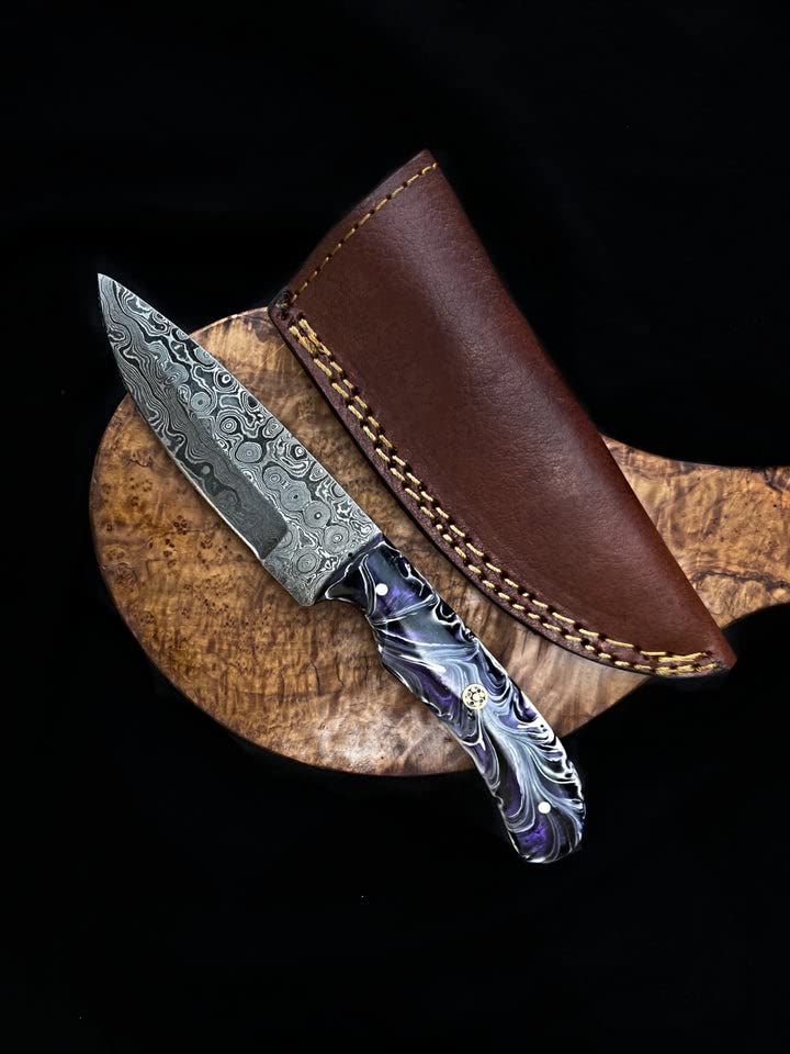 Titan International Knives Damascus Steel Fixed Blade Hunting and Skinning Knife | Handmade 1095 4340 Carbon Mix Hand Pounded | Stabilized Acrylic Handle includes Leather Sheath