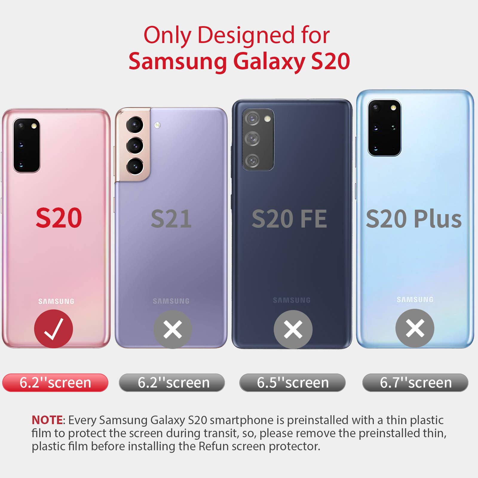REFUN [3 PACK] Screen Protector for Samsung Galaxy S20 5G (Not for S20 FE/S20 Plus), Easy to Install, Bubble Free, Case Friendly, Fingerprint ID Compatible, Scratch Resistant Flexible Clear TPU Film