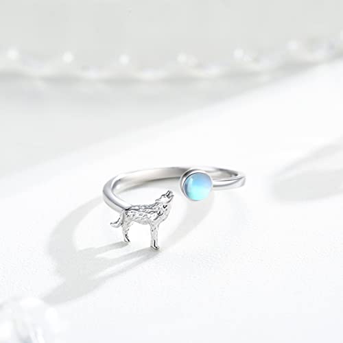 Wolf Ring S925 Sterling Silver Wolf Adjustable Ring Thumb Ring Moonstone Ring Howling Wolf Open Ring Animal Ring Howling Wolf Jewelry for Women Teen Girls 8#