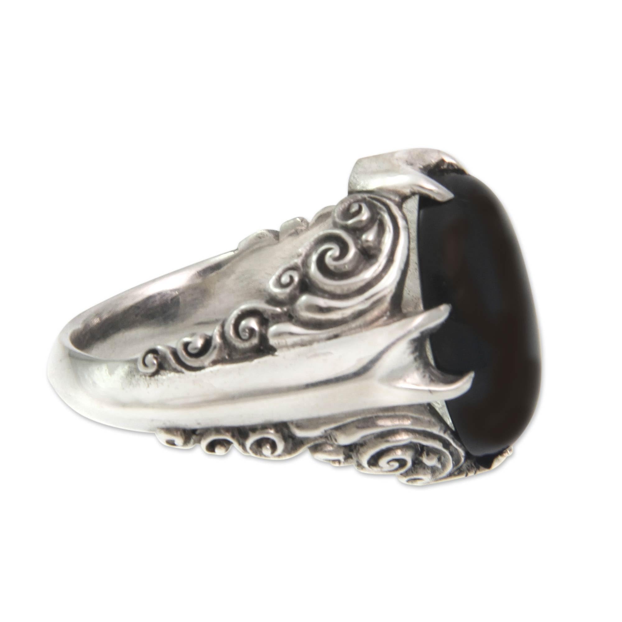 NOVICA Artisan Handmade Onyx Cocktail Ring Women's Sterling Silver Black Single Stone Indonesia Birthstone [crownbezel 0.8 in L x 0.7 in W x 0.3 in H Band Width 4 mm W] ' Dark Surf'