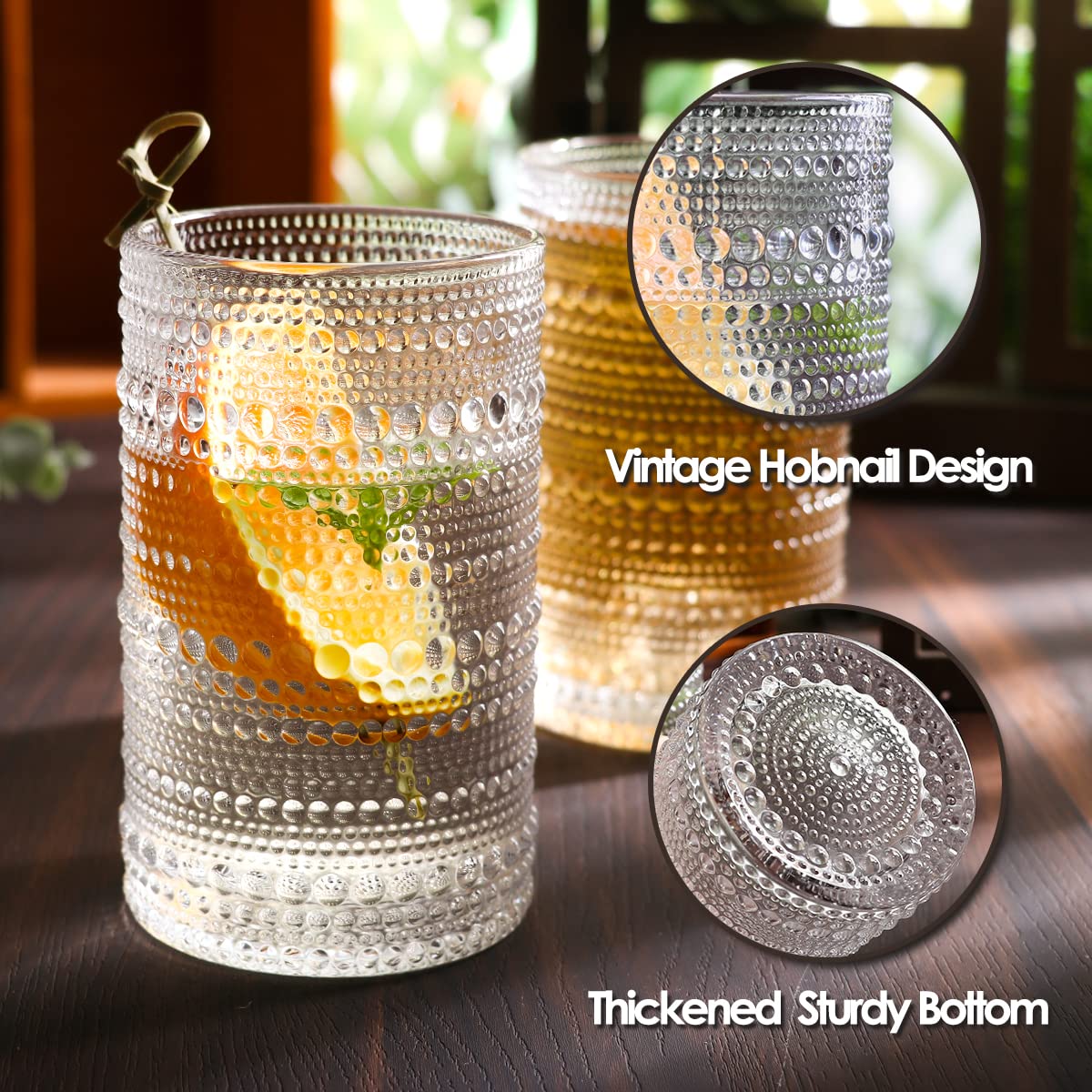 Swetwiny 4 Pack Hobnail Drinking Glasses, 12 Ounce Vintage Drinking Glasses, Old Fashioned Glassware Highball Glasses Water Glasses for Cocktail Whiskey Bear Coffee