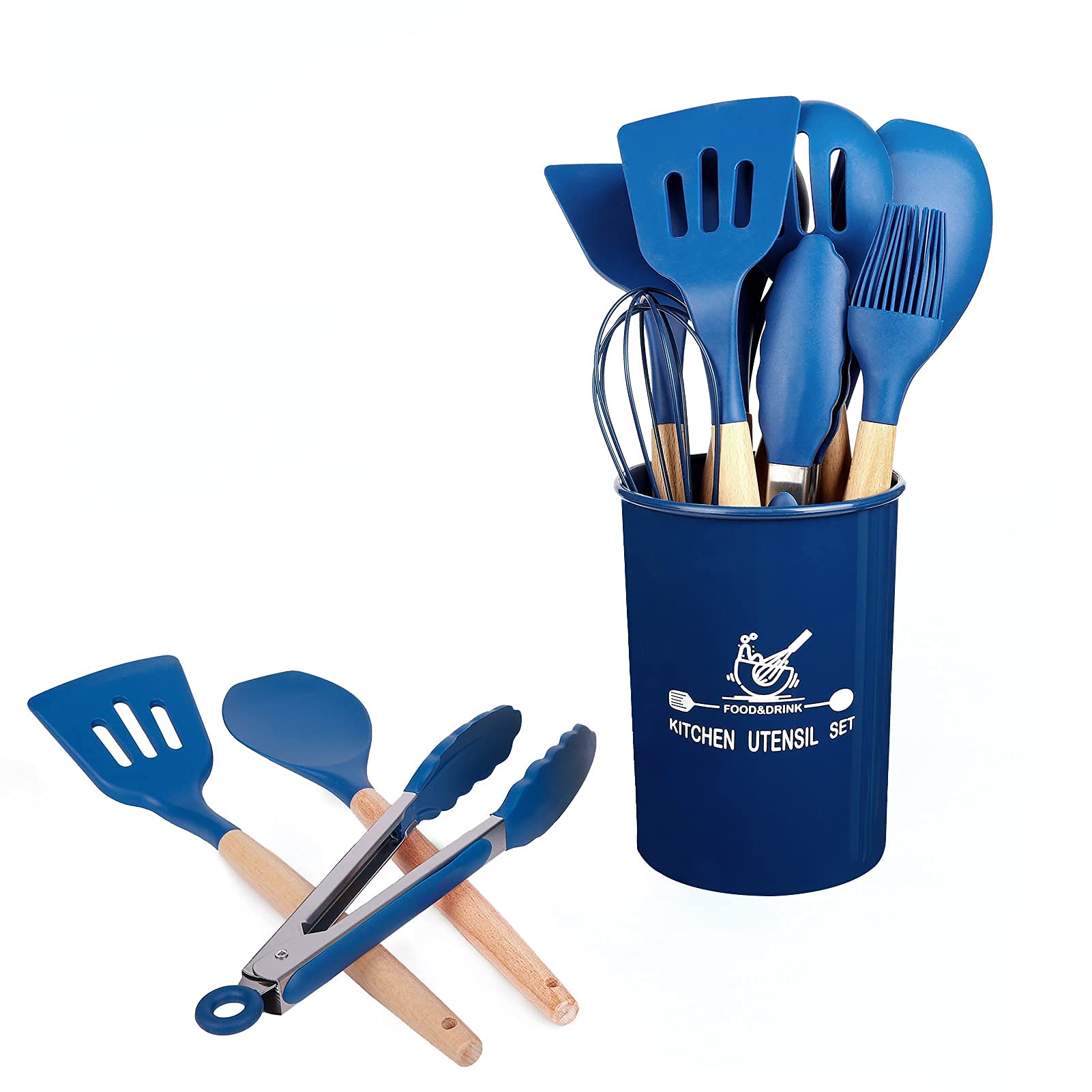 mossFlos Kitchen Cooking Utensils Set, 12 pcs Non-Stick Silicone Cooking Kitchen Utensils with Holder, Heat Resistant Kitchen Gadgets Utensil Set,Turner Tongs,Spatula,Spoon,Brush,Whisk.Dark Green