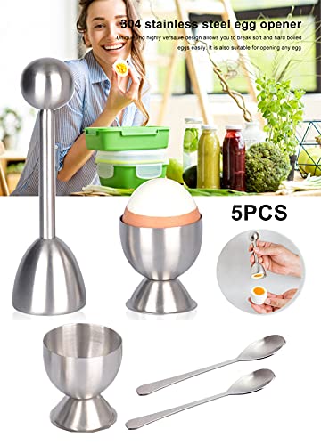 Xicennego Egg Cracker Topper Set of 5 - Includes 2 Egg Cups, 2 Spoons and 1 Cutter - Stainless Steel Easy Egg Opener