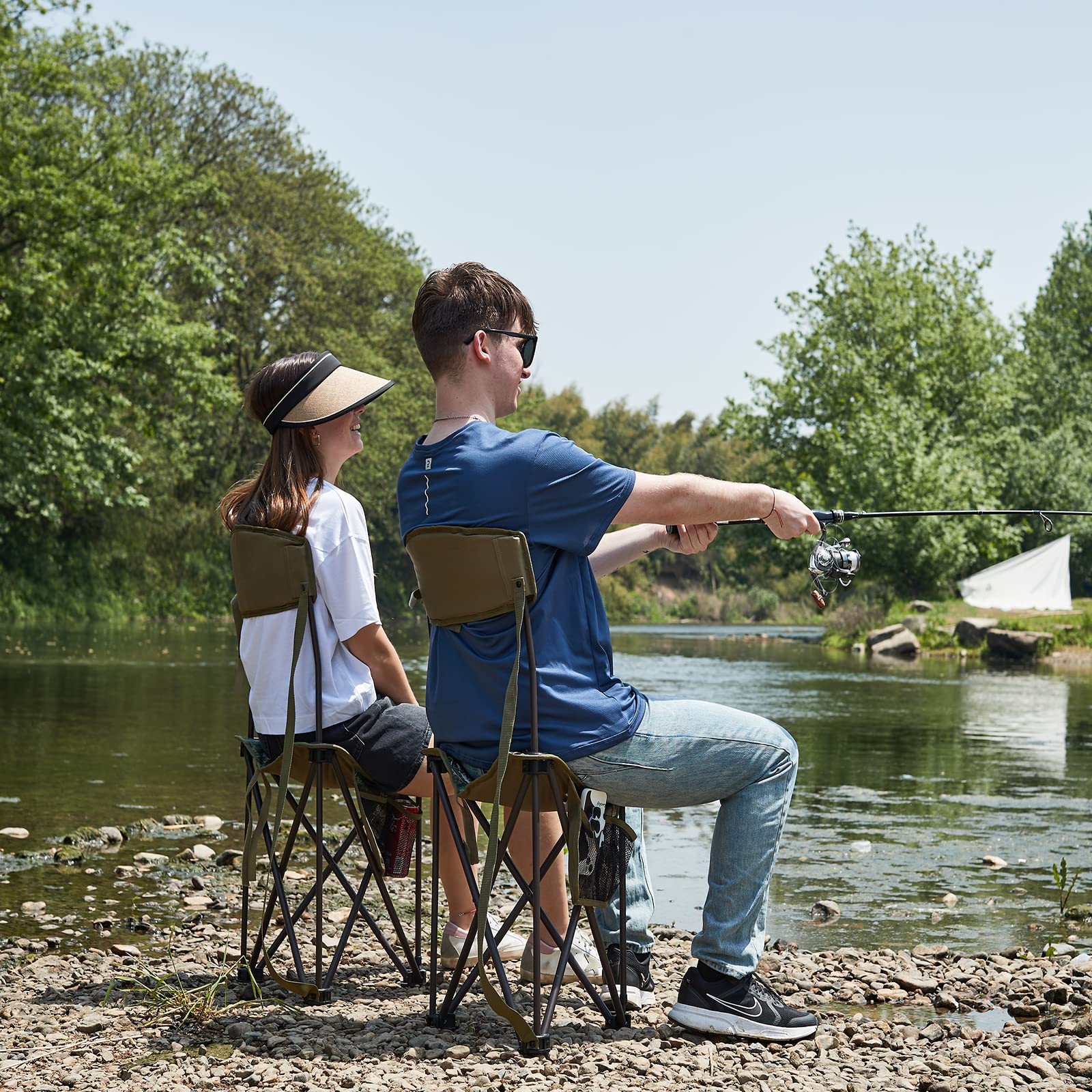 TR Tall Camping Stool Lightweight Portable Tripod Chair with Backrest Folding Tripod Stool for Adults Camping Fishing Hunting with Carry Strap