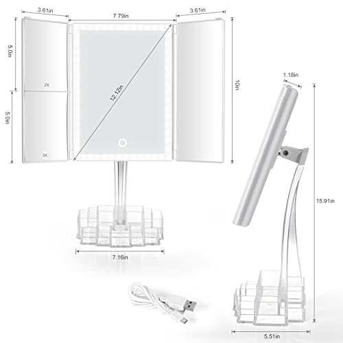 ProYankiot Makeup Mirror Vanity Mirror with Lights,Trifold Lighted Vanity Mirror with 38 LED Lights and Storage 3X/2X/1X Magnification, Touch Screen Switch, 90 Degree Rotation,White