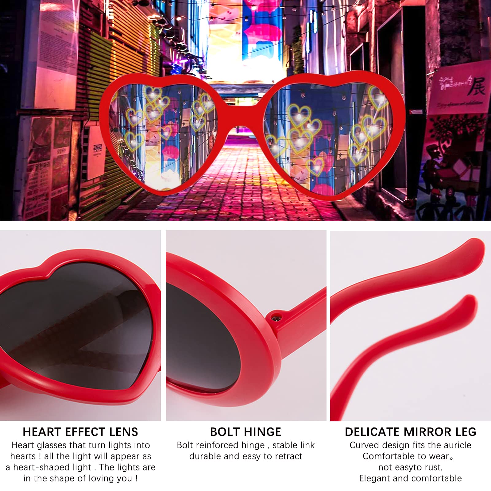 YQVIE Heart Shaped Sunglasses with Heart Effect for Women Light Changing Heart Effect Diffraction Glasses for Party Supplies (8 Colors Mix)