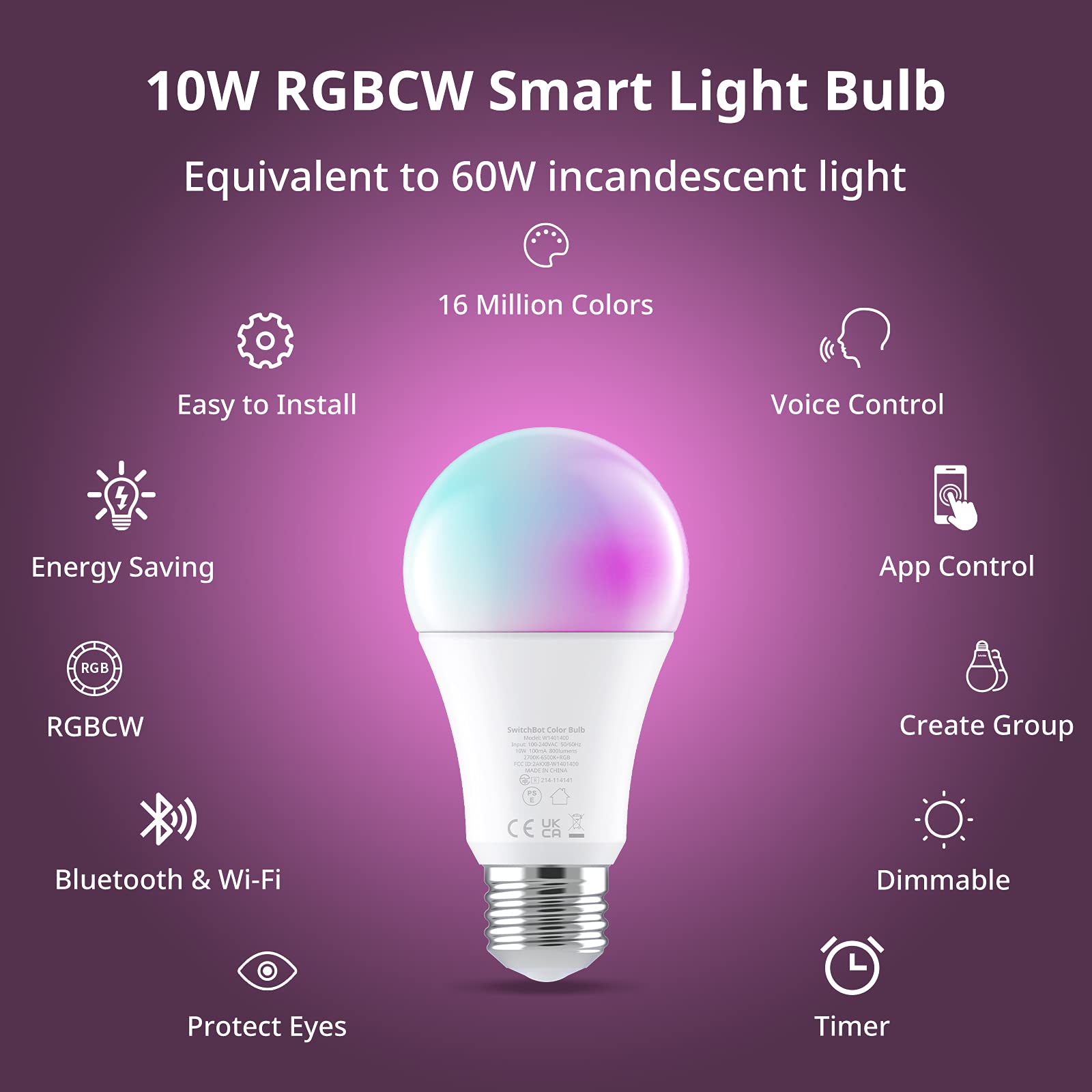 SwitchBot Smart LED Light Bulb - Color Changing Dimmable WiFi&Bluetooth Bulb Works with Alexa&Google, RGBCW Multicolor Warm White E26 10W 800lms Equals 60W Bulb, 2.4GHz Only, No Hub Required (4 Pack)