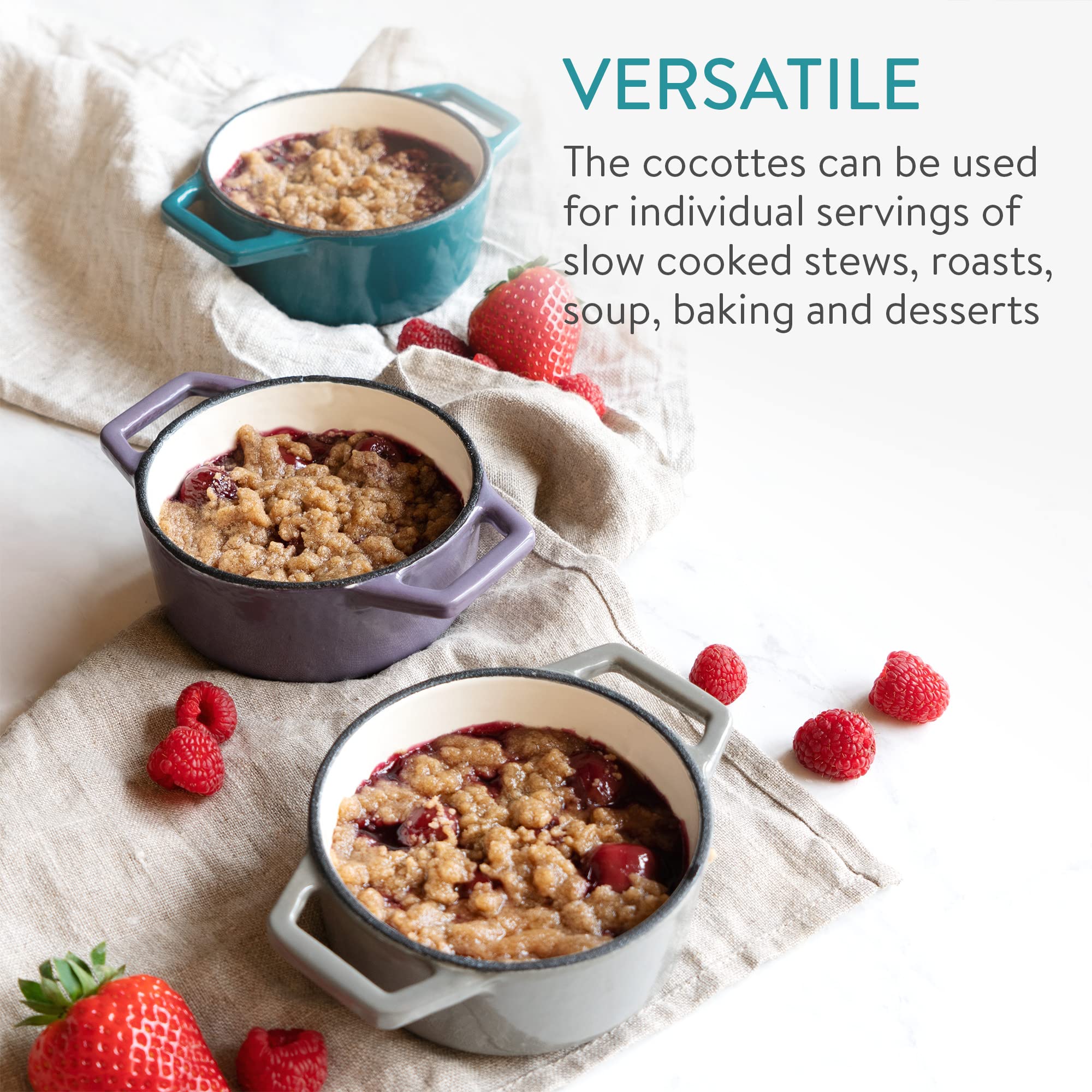 Navaris Cast Iron Round Cocottes (Set of 4) - 4.1" Mini Cocotte Dutch Oven Dishes with Enamel Coat, 9.8 oz - Teal/Violet/Green/Grey