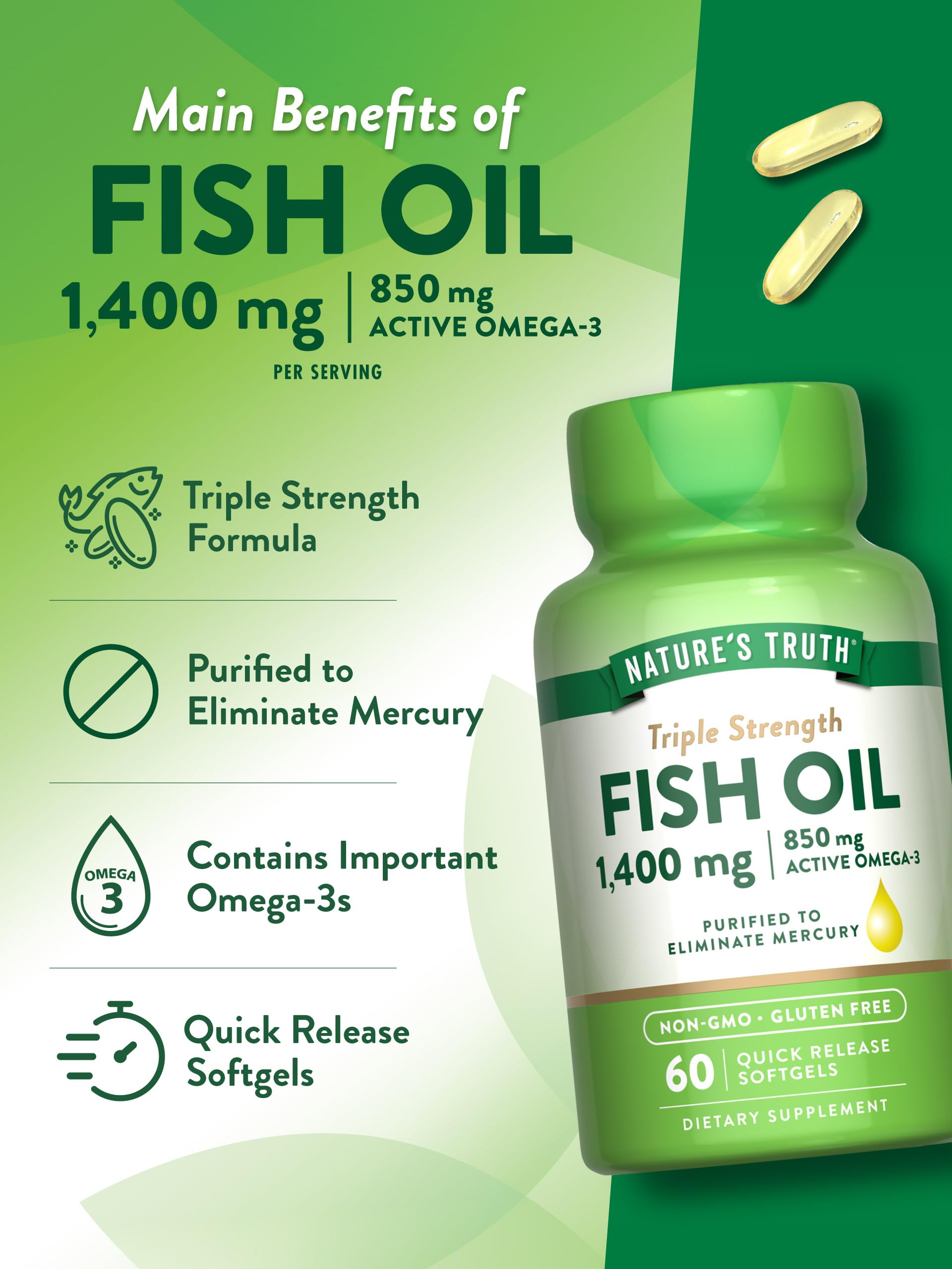 Nature's Truth Triple Strength Fish Oil Softgels | 1400 mg | 60 Count | Active Omega 3 | Non-GMO & Gluten Free Supplement