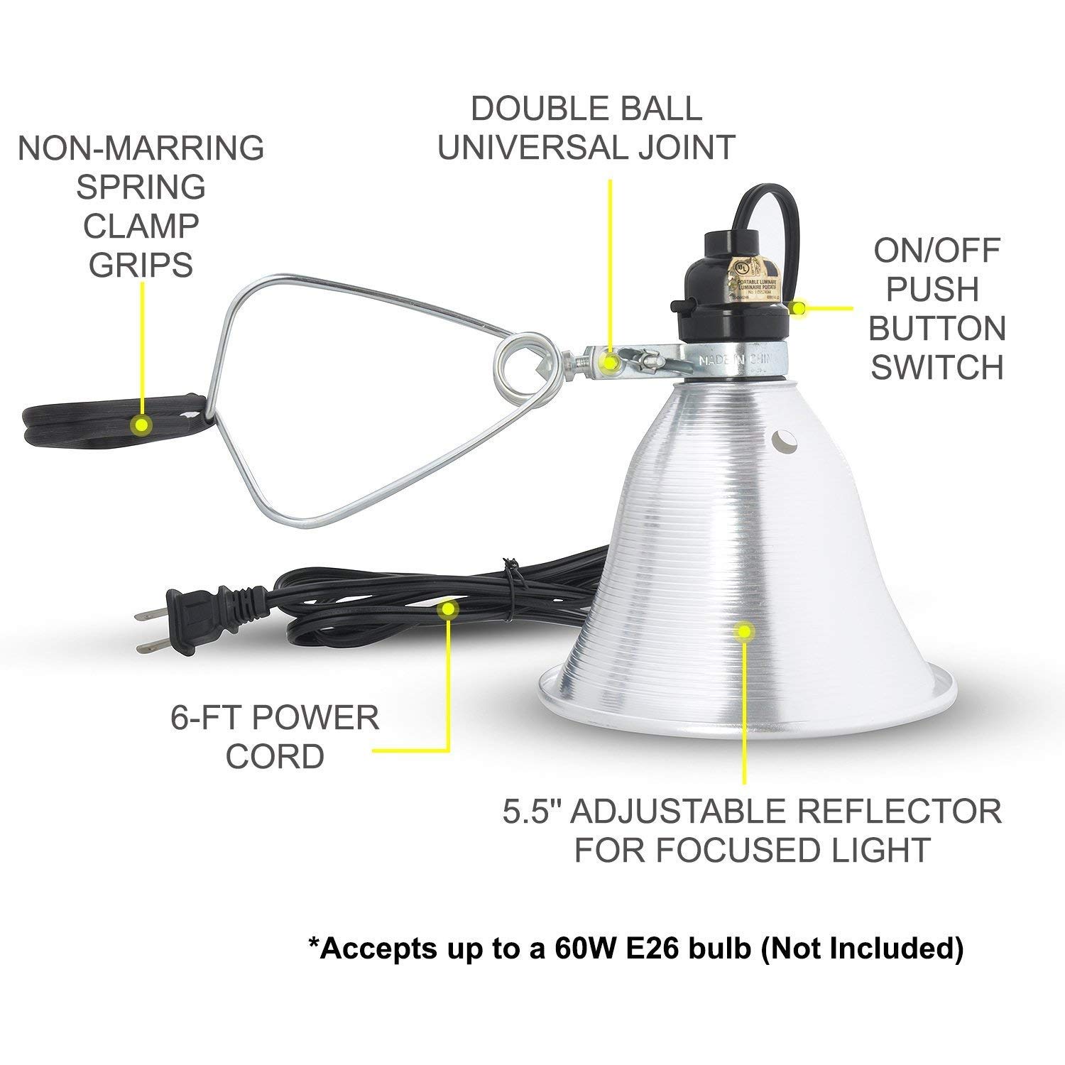 Simple Deluxe HIWKLTCLAMPLIGHTS Clamp Lamp Light with 5.5 Inch Aluminum Reflector up to 60 Watt E26 (no Bulb Included), 6 Feet Cord