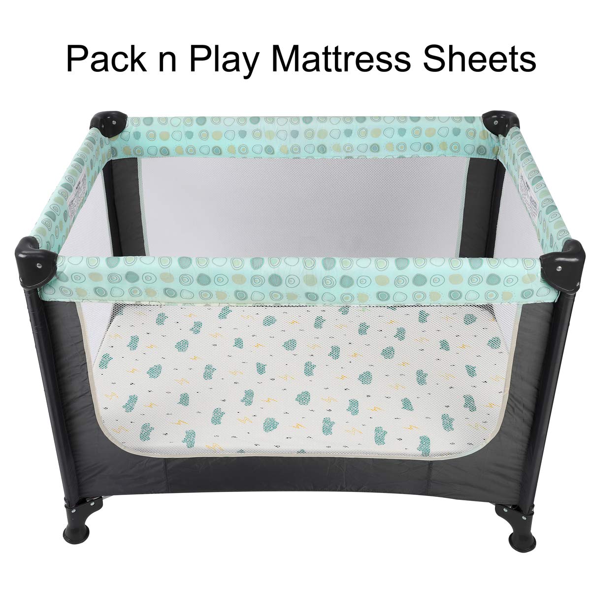 Pack n Play Playard Fitted Sheet 2 Pack, Ultra Soft Stretchy Jersey Cotton Portable Mini Crib Sheets, Clouds and Raindrops Prints, White and Blue