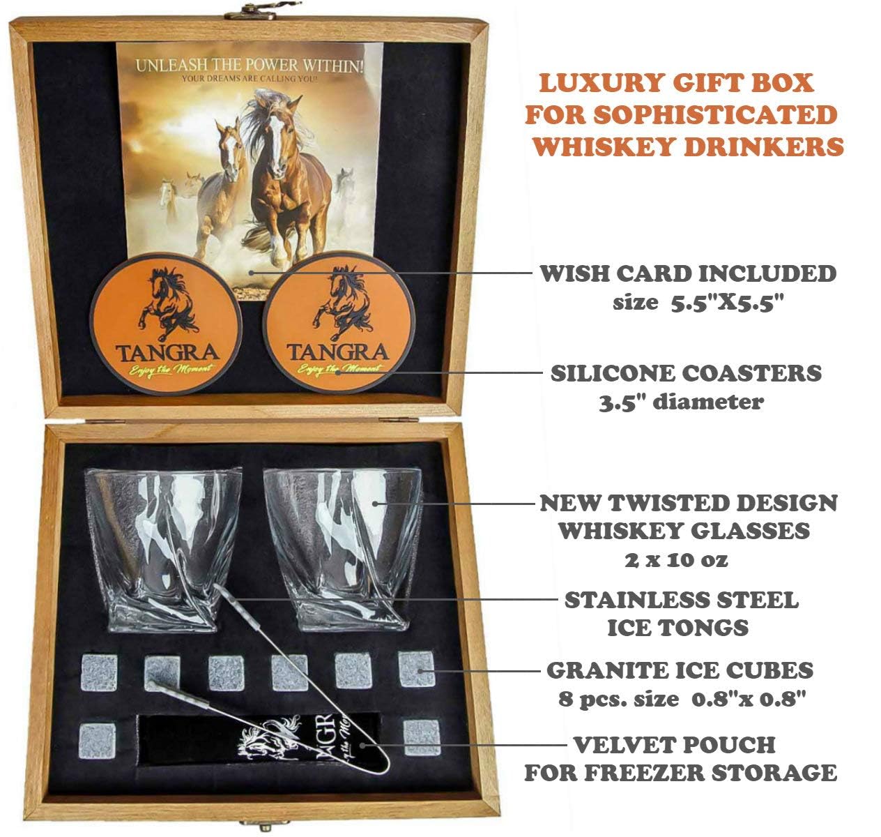 Whiskey Stones Luxury Gift Set of 8 Granite Ice Cubes Reusable Chilling Rocks + 2 Large Size Scotch Glasses in Wooden Box. Cool Whiskey Gift Sets for Man Dad Father Groomsmen
