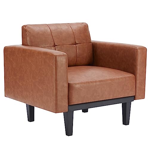 Mid-Century Modern Leather Accent Wood Base & Legs, Oversized Upholstered Single Sofa Chair, Comfy Living Room Armchairs for Apartment Bedroom Office Study, Cognac/Espresso…, 1 Pcs, Brown