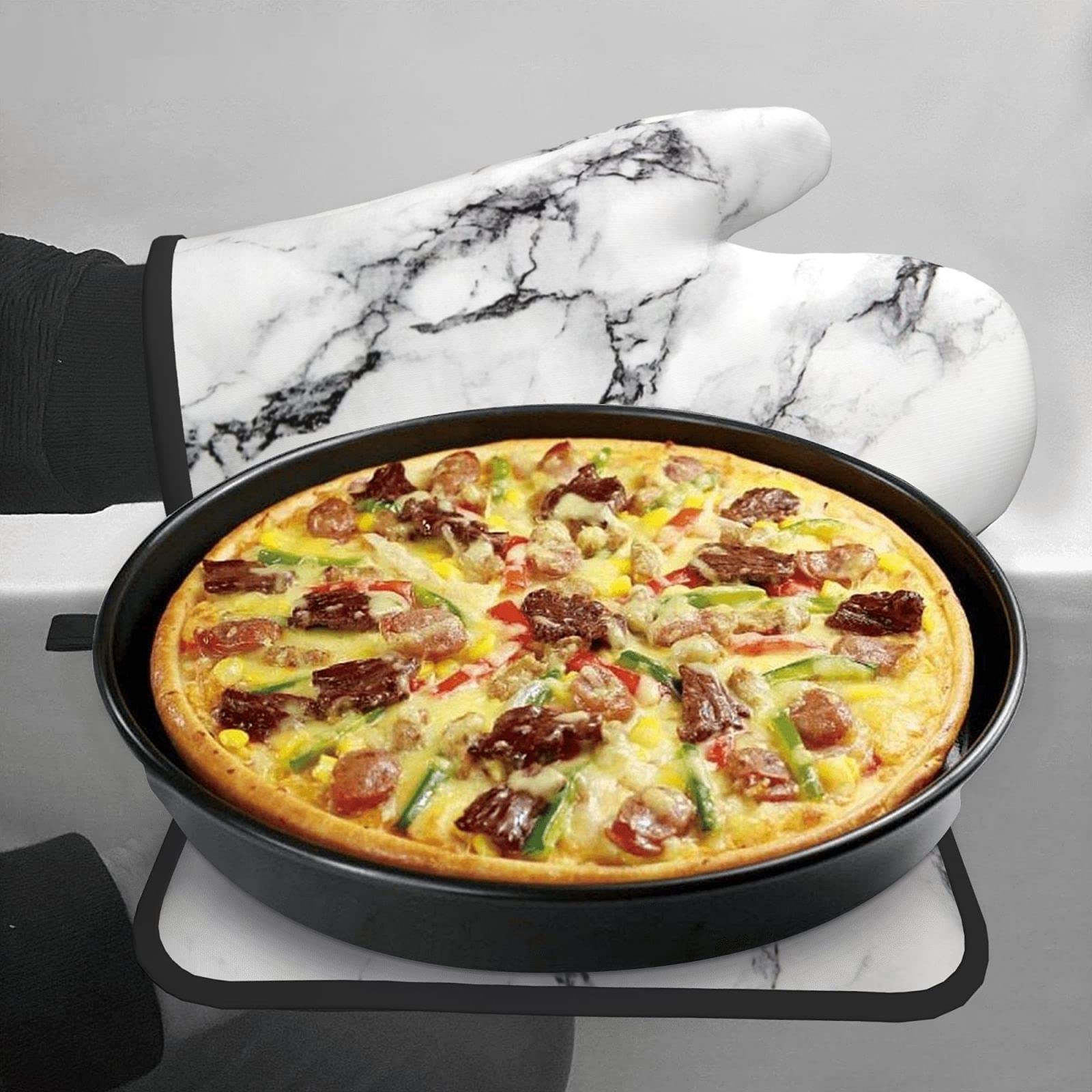 Simple White Marble Stone Funny Oven Mitt and Pot Holders Set Heat Resistant for Kitchen Cooking Baking Grilling Waterproof Non-Slip Thick Oven Gloves