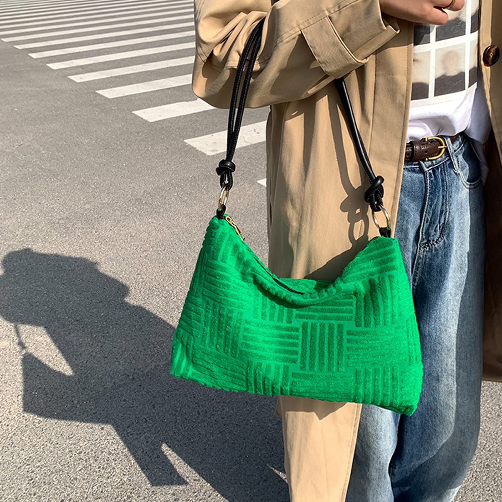 St Patricks Day clutch purse for women shoulder bag Jacquard flannel fabric Hobo handbag with zipper closure (velvet pile Grreen2)