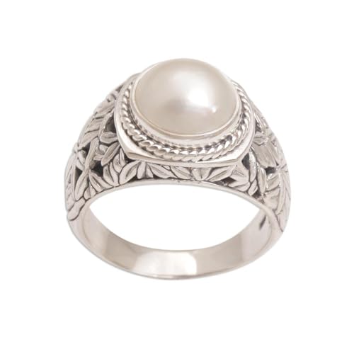 NOVICA Artisan Handmade .925 Sterling Silver Cultured Freshwater Pearl Domed Ring Single Stone White Cocktail Indonesia Leaf Tree Birthstone 'Bamboo Dreams'