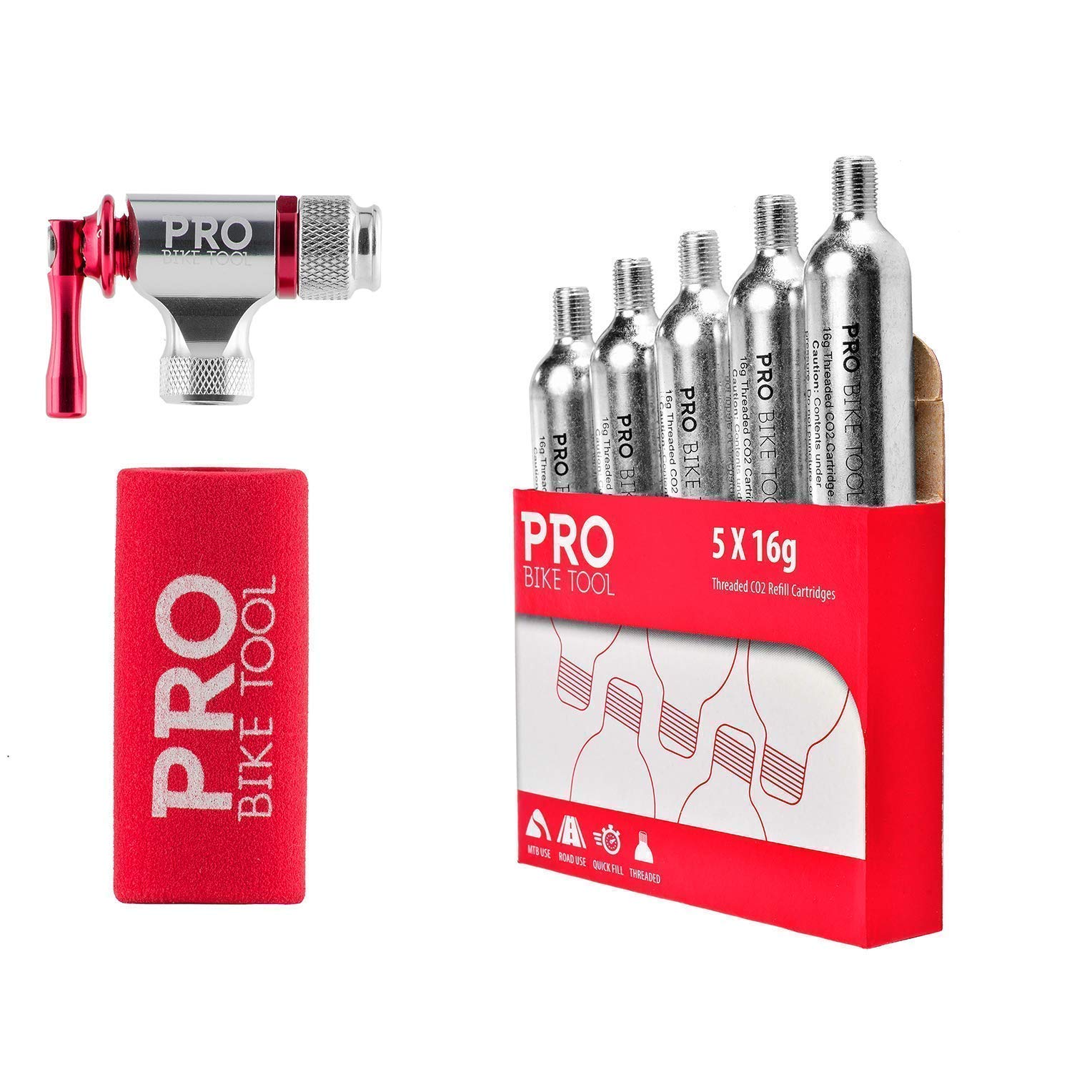 PRO BIKE TOOL CO2 Inflator + 5 x 16g Threaded CO2 Cartridges Bundle - Quick & Easy - Presta and Schrader Valve Compatible - Bicycle Tire Pump for Road and Mountain Bikes