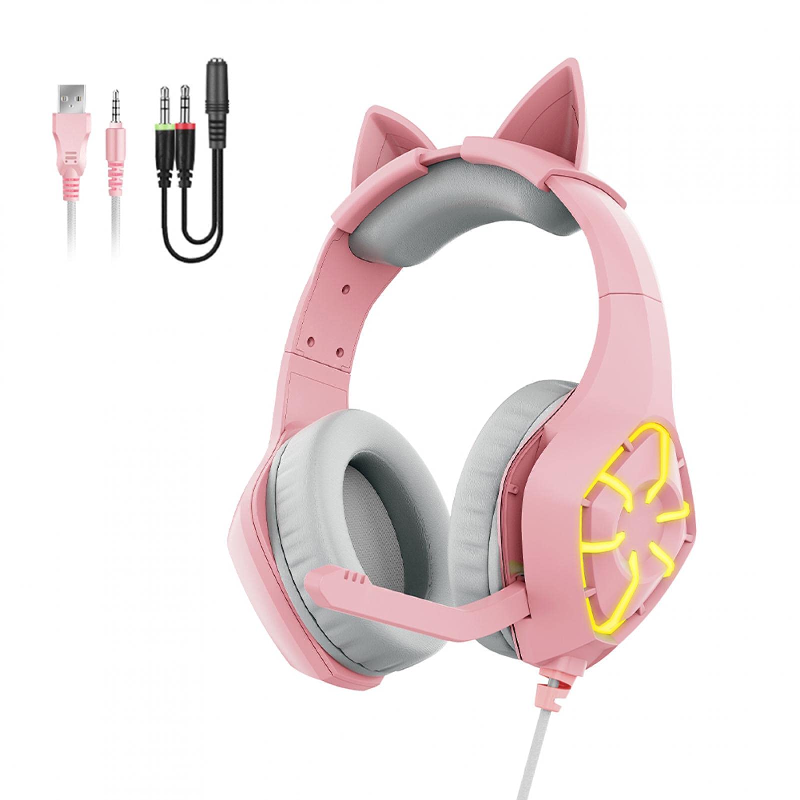 SYCOOVEN Gaming Headset with Mic, 3.5MM Cat Ear Headphones Lightweight Over Ear Headphones LED Light(Pink)