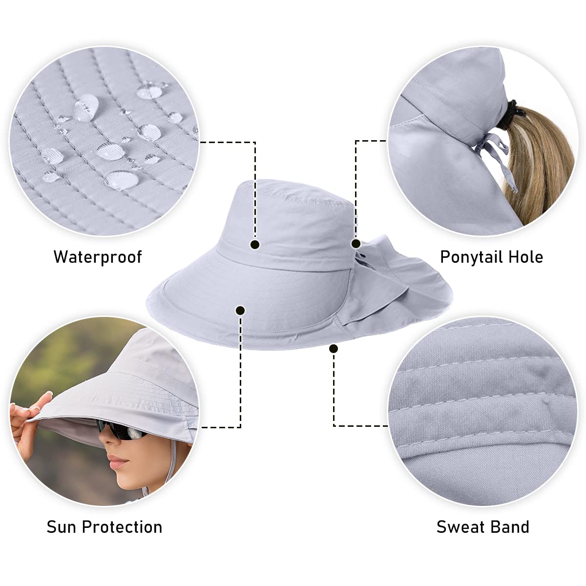 ZEXIAN Womens Sun Hat UPF 50+ Wide Brim and Ponytail Hole, Hiking Safari Hat with Neck Flap (Light Gray)