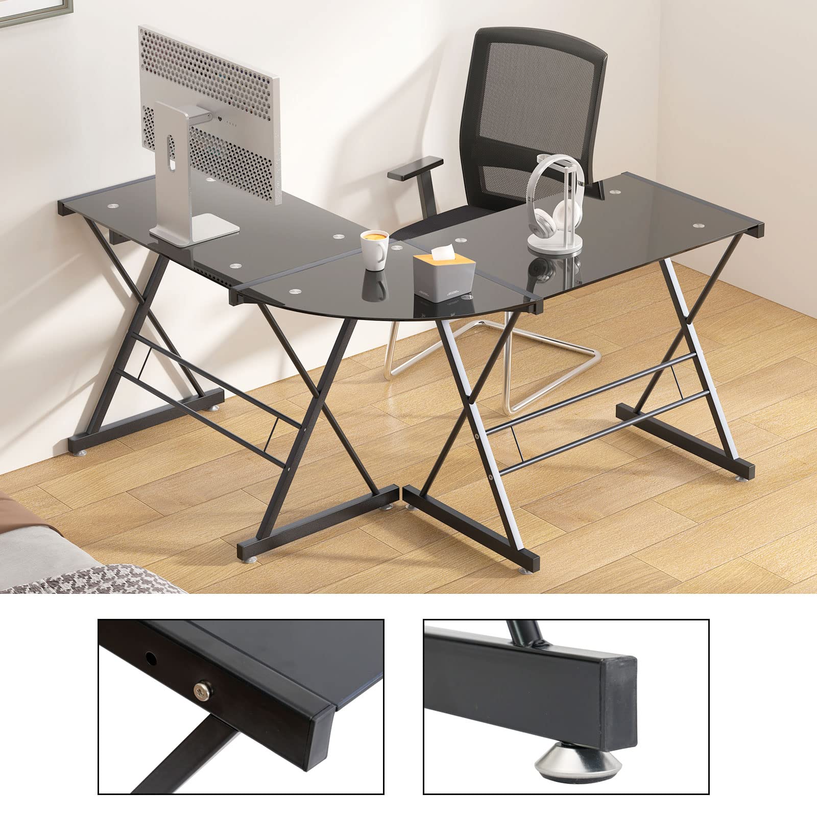 Need 51inches Tempered Glass L-Shaped Desk, Computer Desk with Smooth Keyboard Tray Home Office Corner Desk Black,UT-845-ND