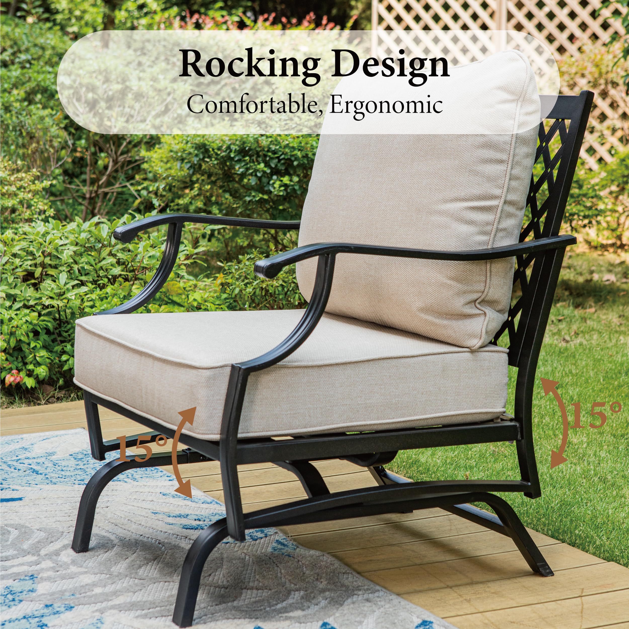 MIXPATIO Patio Furniture Set 7 pcs, Outdoor Patio Furniture, 3-Seat Sofa, 2 Single Chairs, 2 Rocking Chairs, 2 Ottomans and 5.75" Extra Thick Cushion, Patio Conversation Set for Backyard Deck,Beige