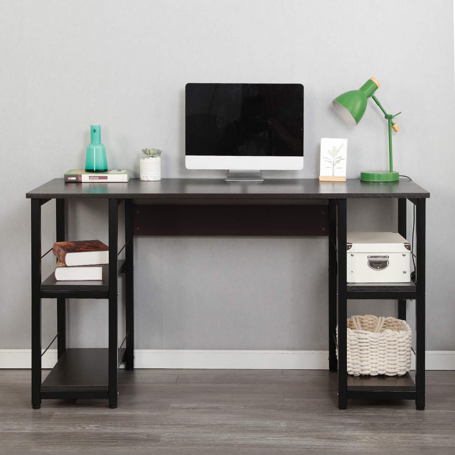 SogesGame Computer Home Office Desk, 55 Inch Study Writing Table with Storage Shelves, Modern Simple Style PC Desk, Black