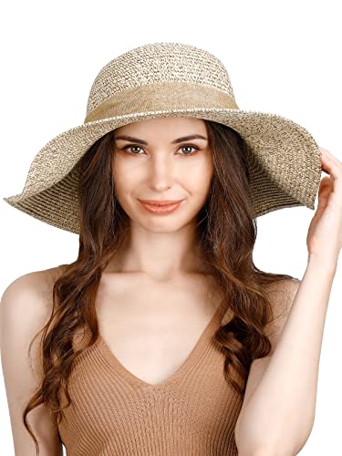 Womens Beach Straw Sun Hat: Large Ladies Foldable & Packable Floppy Hats with Wide Brim-UPF 50 UV Protection Summer Sunhat (Mixed Coffee)