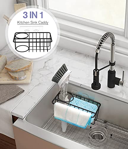 VIS'V 3 in 1 Sink Caddy Sponge Holder, 304 Stainless Steel Adhesive Kitchen Sink Basket Sponge Holder Brush Holder Dishcloth Hanger Kitchen Sink Accessories Organizer Rack with 2 Suction Cups - Black