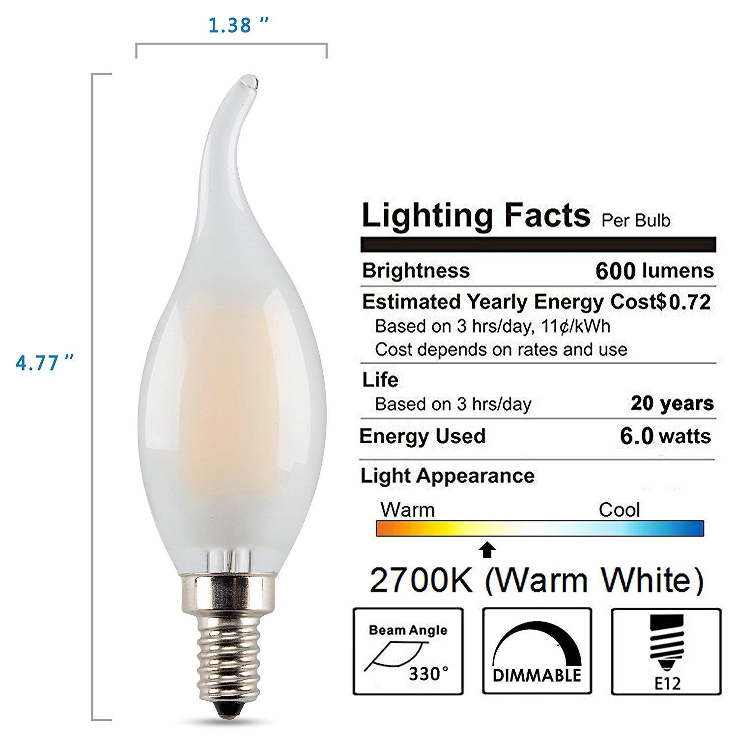 PANLAVIE LED Candelabra Bulb 6W Dimmable, 60W Equivalent, Vintage Classic Edison Style, Frosted Glass Light Bulbs, C35/CA10 Flame Tip, E12 Base, Soft White 2700K, Pack of 3