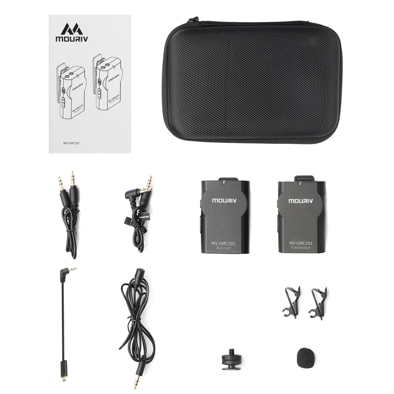 MOURIV MV-GMC201 2.4G Wireless Lavalier Microphone System Compatible with iPhone 11 X 8 8 Plus 7 6 Smartphone,Canon 6D 600D Nikon D800 D3300 Sony A7 A9 DSLR GoPro Action Cameras