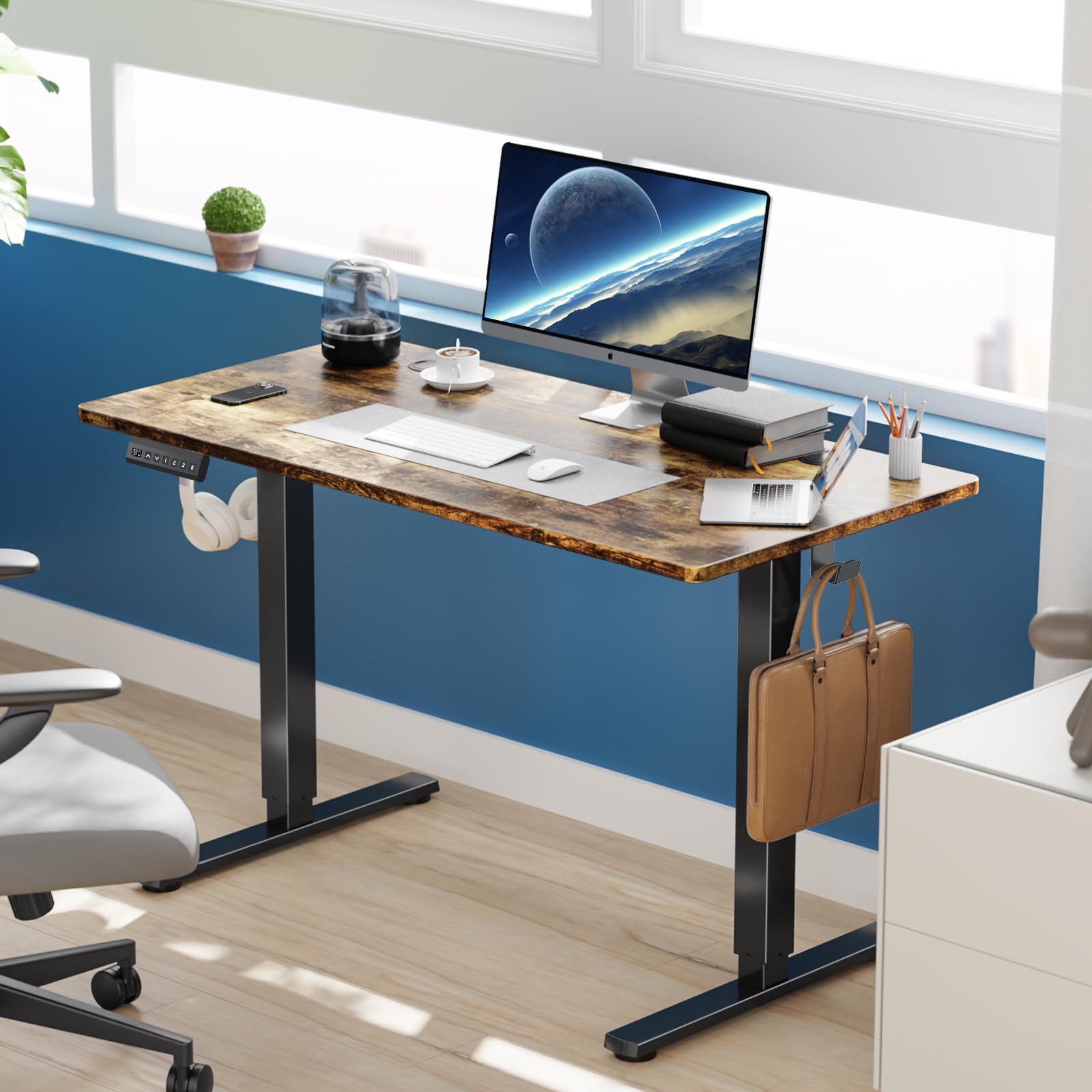 NEWBULIG Electric Height Adjustable Sit Stand Home Office Computer Desks with Drawer, 63" x 24" Inches, Rustic Top and Black Frame