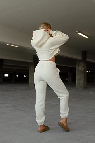 TIC TOC Women’s Soft Fleece Oversized Sweatpants Casual Essential High Waisted Jogger Pants with Pockets, Cream, S