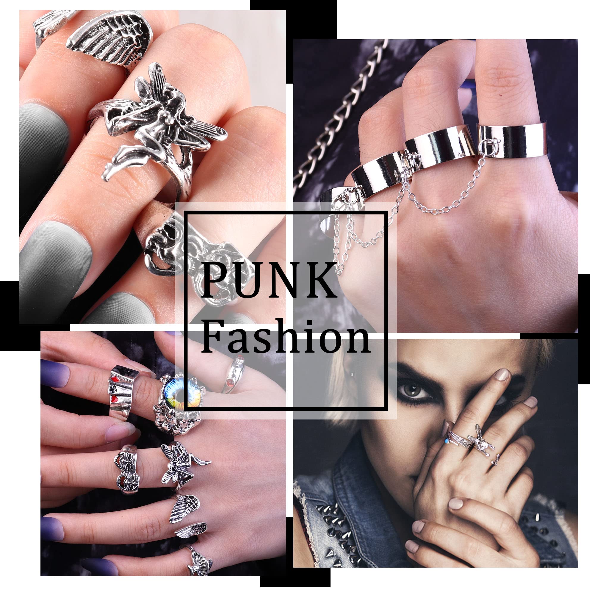 Sanfenly Goth Punk Rings for Men Women, Vintage Cool Punk Chain Rings Gothic Full Finger Ring Statement Stackable Skull Snake Butterfly Cross Eboy Emo Aesthetic Rings Set