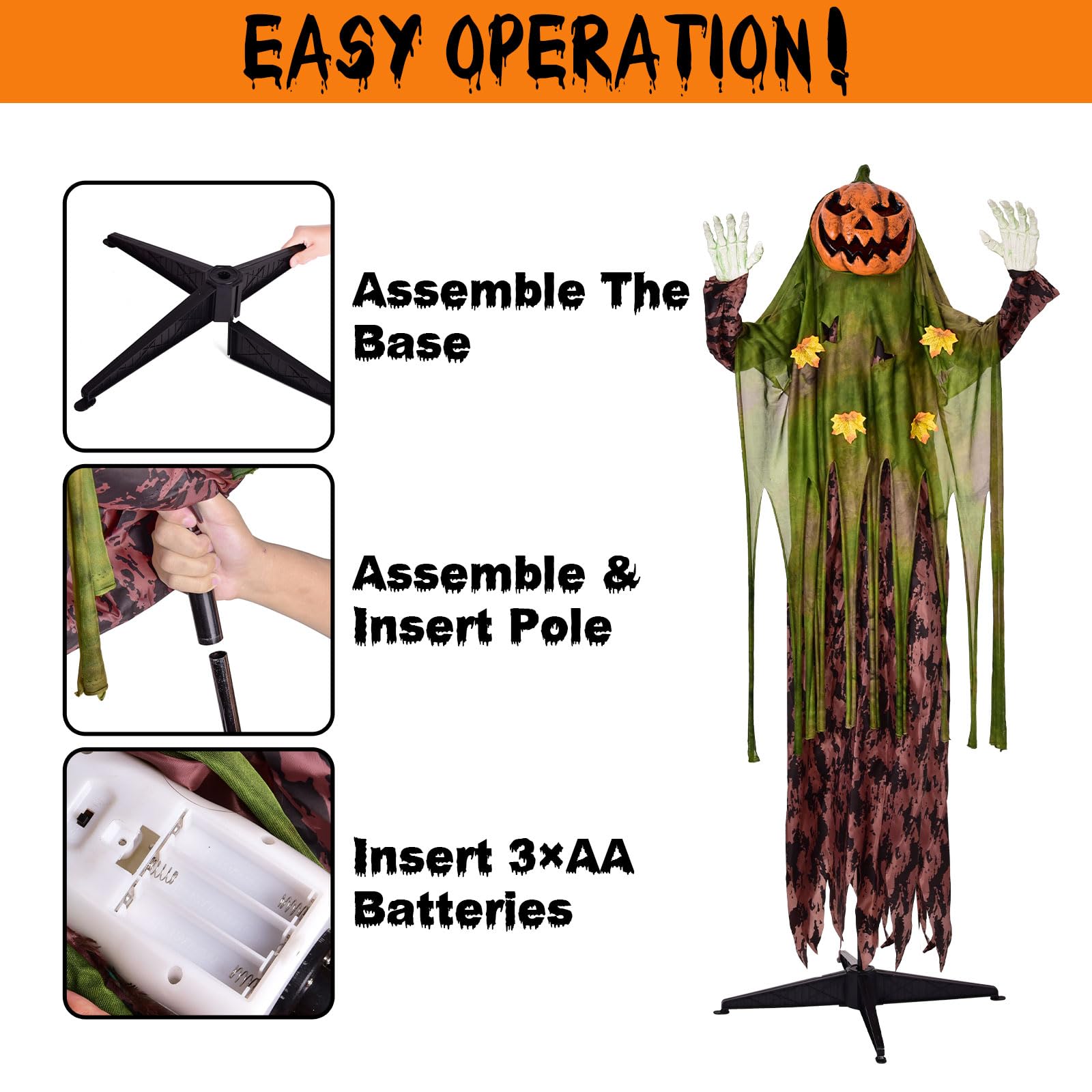 Presence Halloween Standing Pumpkin Man with Lights& Sounds, Outdoor Indoor Pumpkin Clearance Spooky Jack O' Lantern Props Decor Lawn Backyard Garden