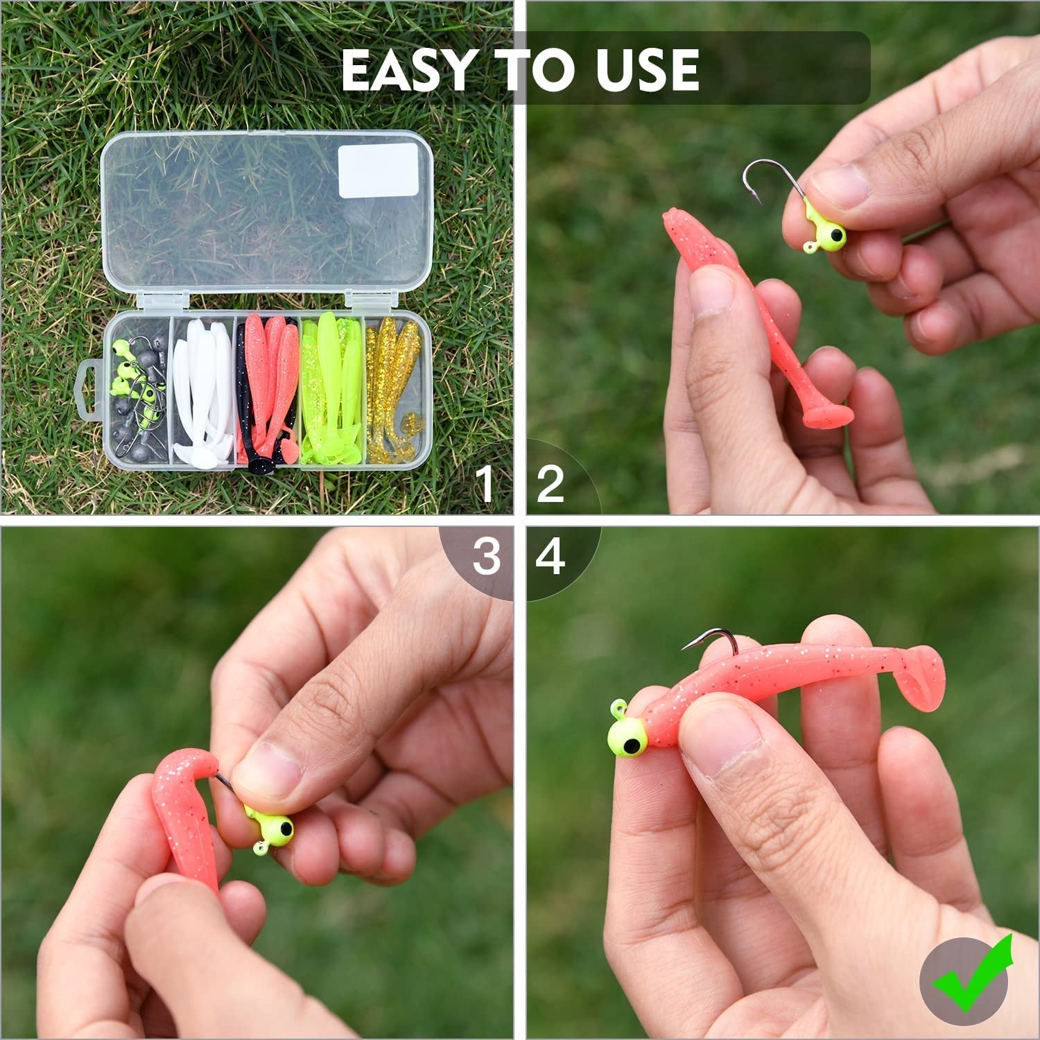 True Tropic Fishing Jig Head and Soft Lure Paddle Tail Set 40 PCS with Tackle Box, Salt and Freshwater Jigs, Yellow