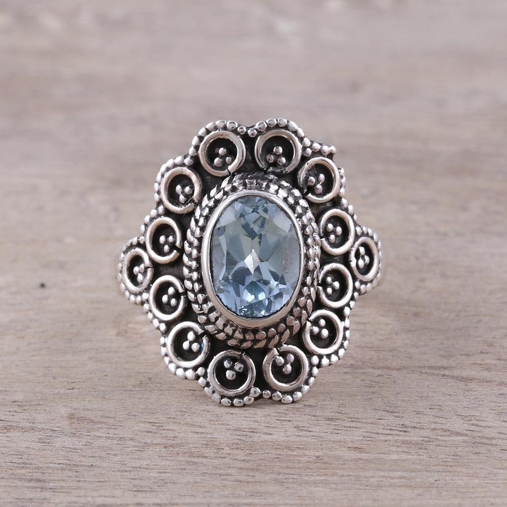 NOVICA Artisan Handmade Blue Topaz Cocktail Ring Sterling Silver Floral Dotted Single Stone India Gemstone Birthstone [ring Front 0.8 in L x 0.7 in W x 0.2 in H Band Width 3 mm W] ' Sparkle Bloom'