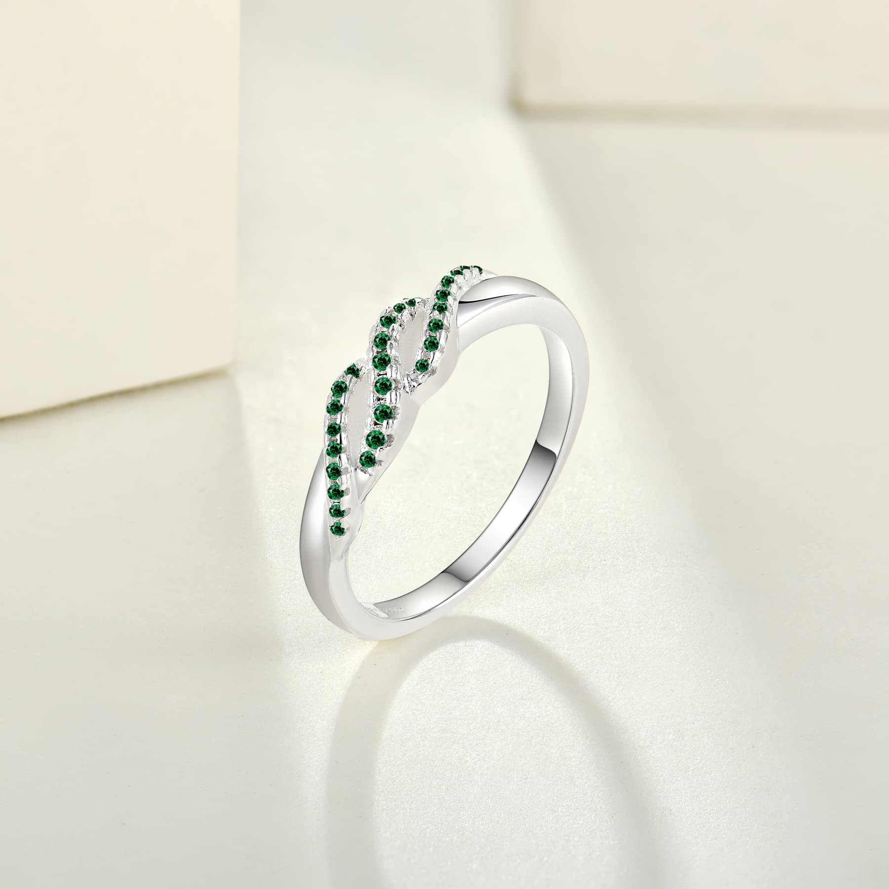 STARCHENIE Sterling Silver Rings Crisscross Crosscover Wave Rings for Women size7 Emerald color
