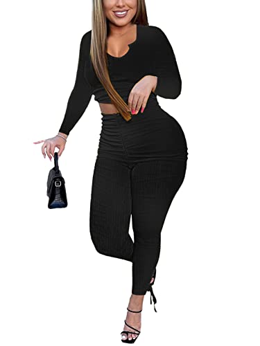 Track Suits for Women Set 2 Piece Ribbed Workout Outfit Long Sleeve Crop Top Butt Lift Legging Sets Black L