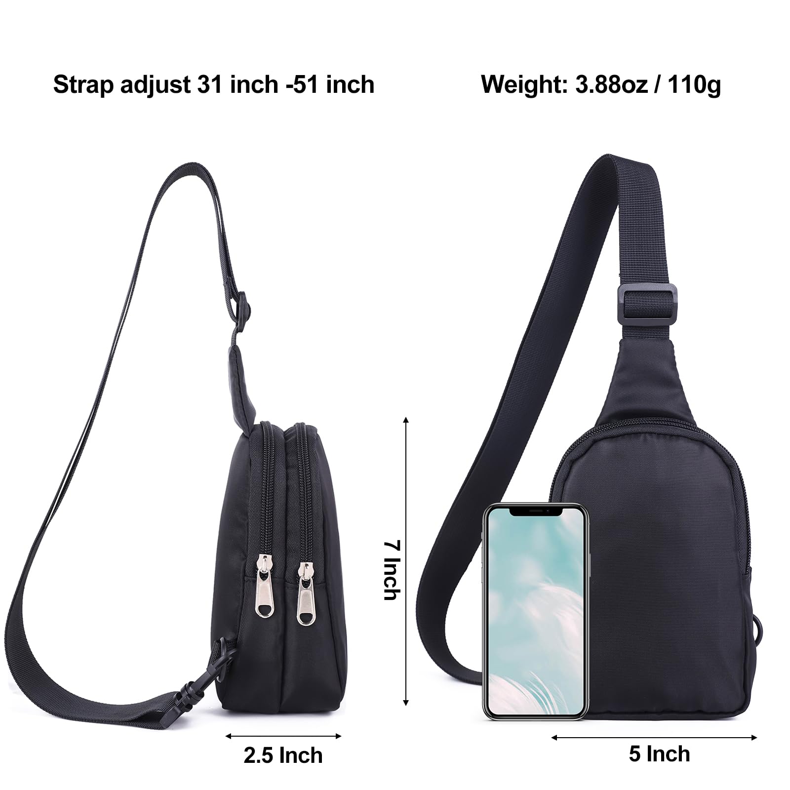 Mini Sling Bag, Casual Crossbody Bags for Women, Fanny Pack with Adjustable Strap, Black