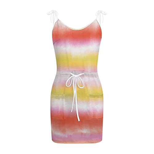Womens Long Skirts for Summer Jean Women Sexy Dress V Neck Striped Drawstring Sets Swing Sling Strap Sleeveless Orange