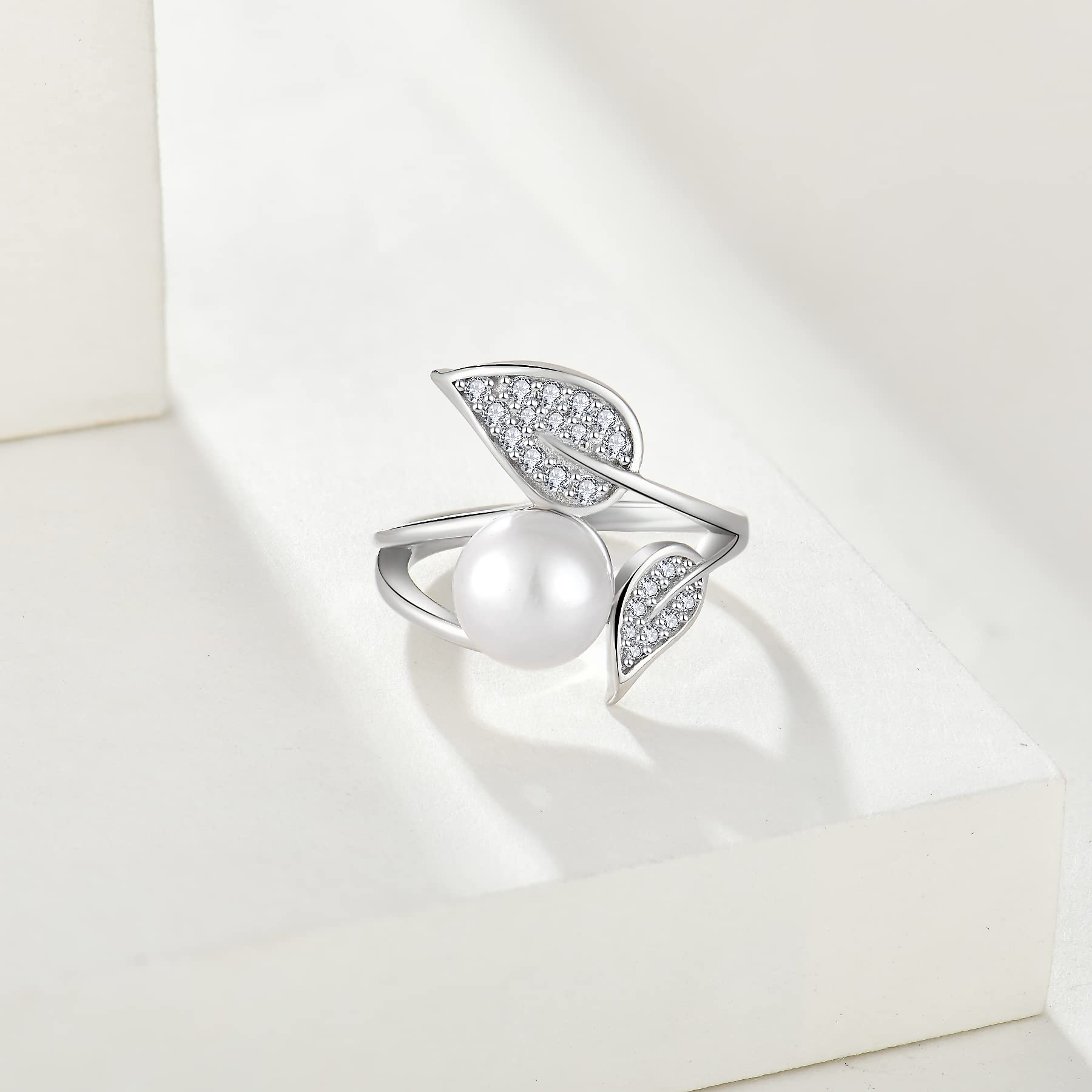 STARCHENIE Pearl Ring for Women,9mm Cultured Freshwater Pearl Cubic Zirconia Ring Sterling Silver size10