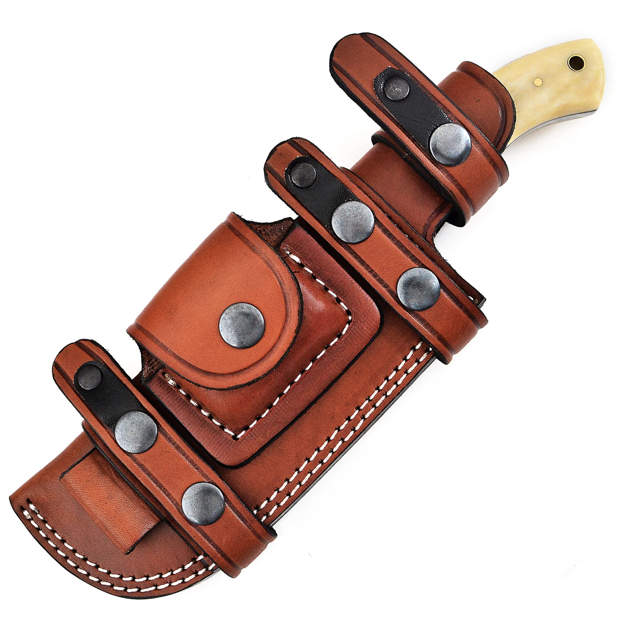 Tracker Knife with Sheath, Damascus Steel Hunting Knife with Bone Handle, Fixed Blade Bushcraft Survival Knife, Horizontal Carry Knife