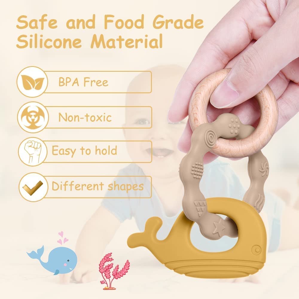 Vicloon Baby Teether Toys, Silicone & Natural Wood Teether Ring, Baby Teething Toys for Babies 0 Months+, Silicone Chewable Rings for Newborn Gift(Yellow)