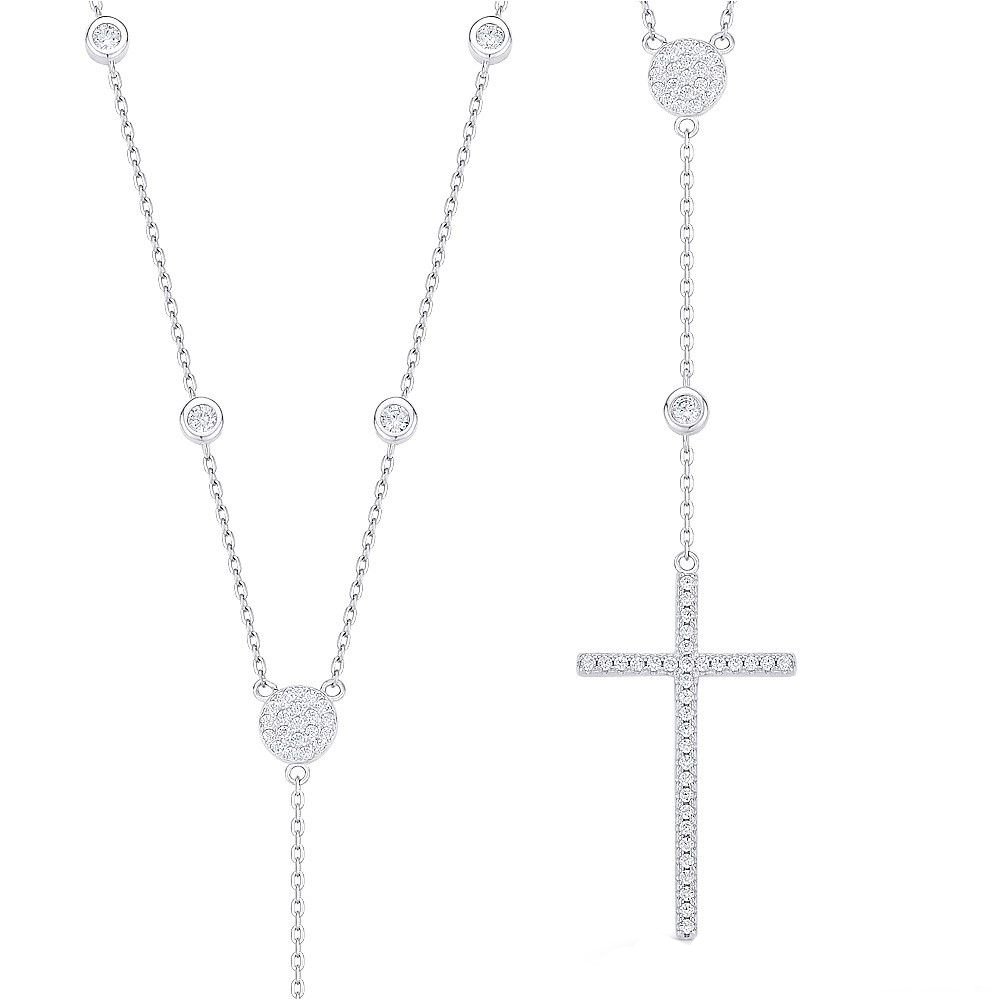 NYC Sterling Diamond by Yard Cross Crucifix CZ Crystal 925 Sterling Silver Pendant & Catholic Rosary Necklace (Silver)